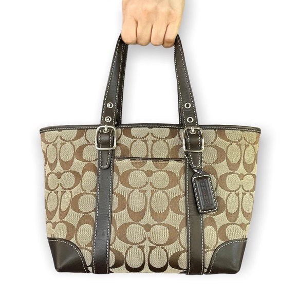 Coach | Bags | Coach Logo Monogram Mini Tote Bag Tan Canvas And Leather ...